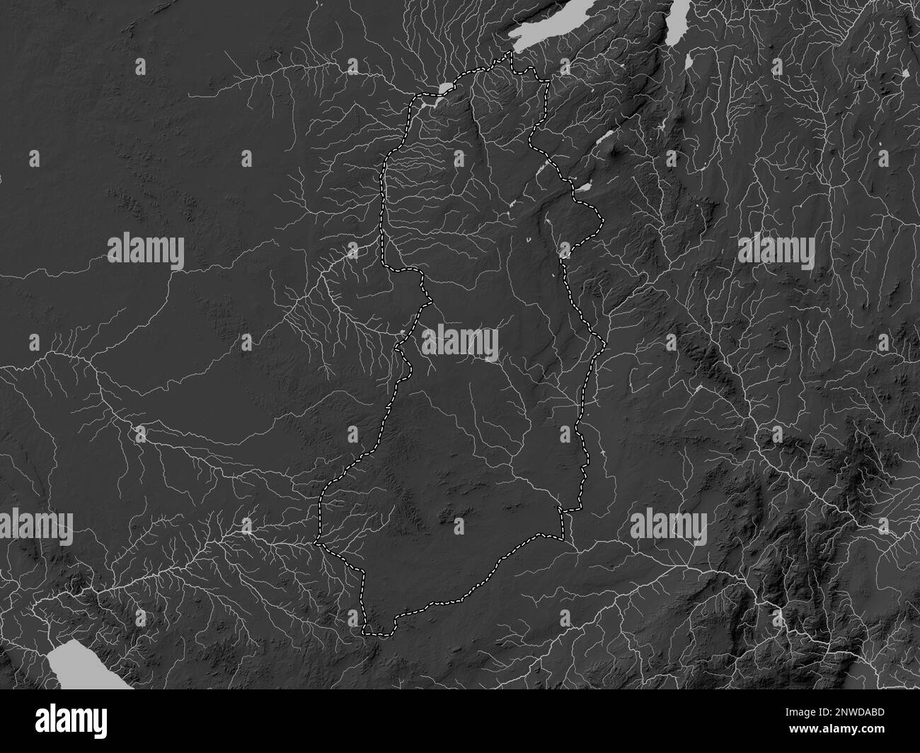Singida, region of Tanzania. Grayscale elevation map with lakes and ...