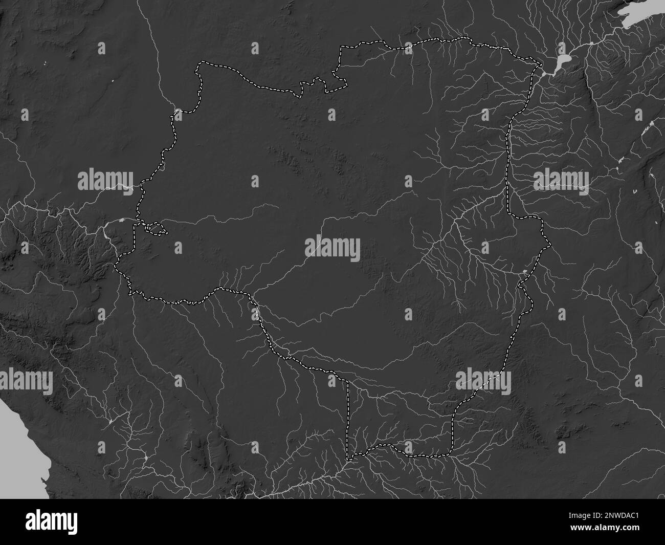 Tabora, region of Tanzania. Grayscale elevation map with lakes and ...