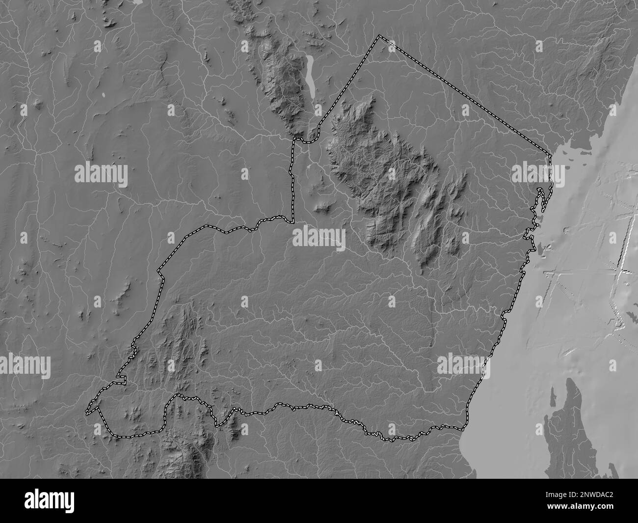 Tanga, region of Tanzania. Bilevel elevation map with lakes and rivers ...