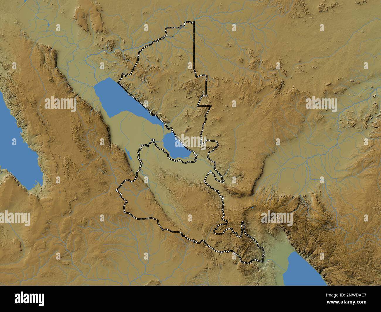 Songwe, region of Tanzania. Colored elevation map with lakes and rivers ...