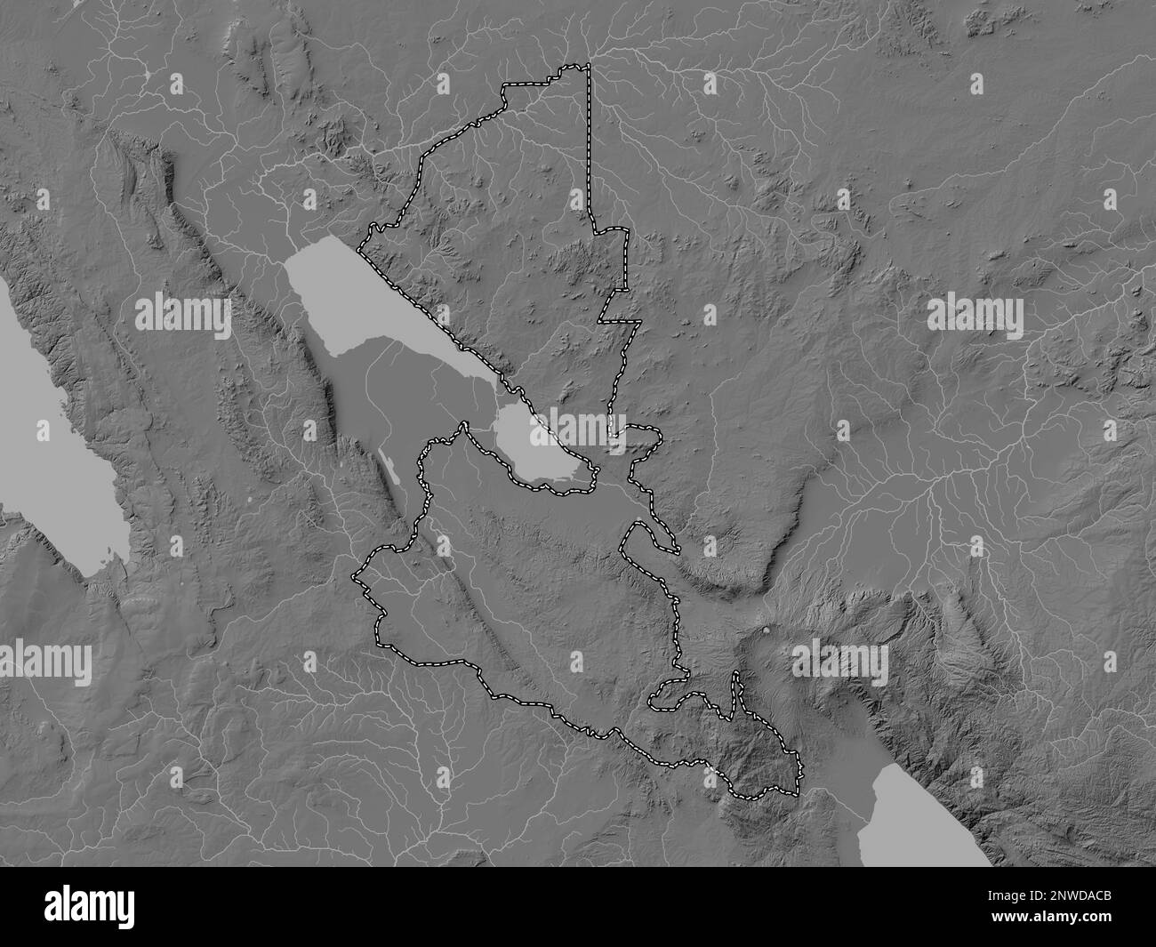 Songwe, region of Tanzania. Bilevel elevation map with lakes and rivers ...