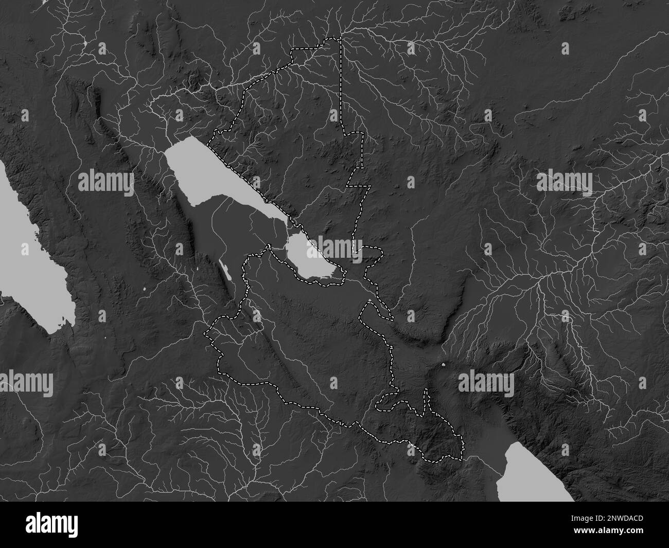 Songwe, region of Tanzania. Grayscale elevation map with lakes and ...