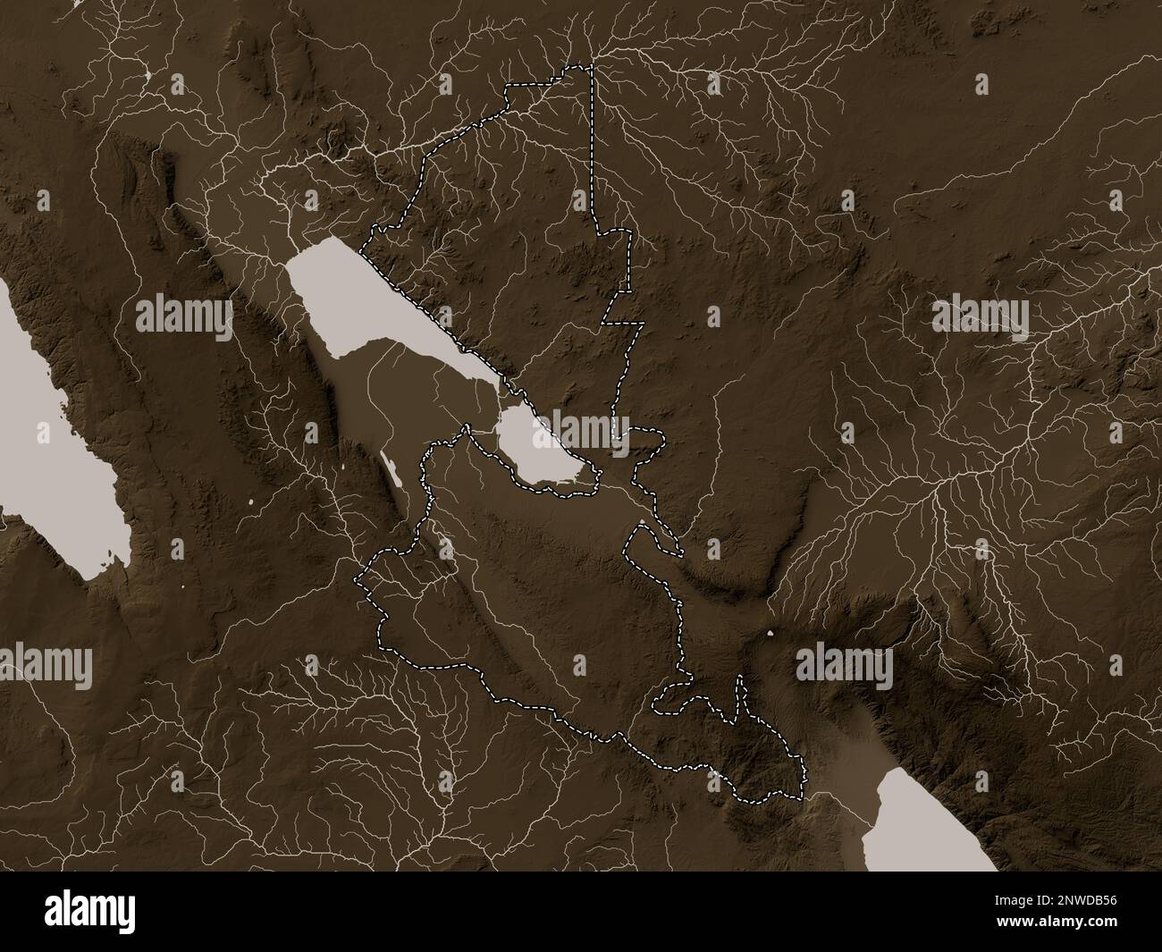 Songwe, region of Tanzania. Elevation map colored in sepia tones with ...