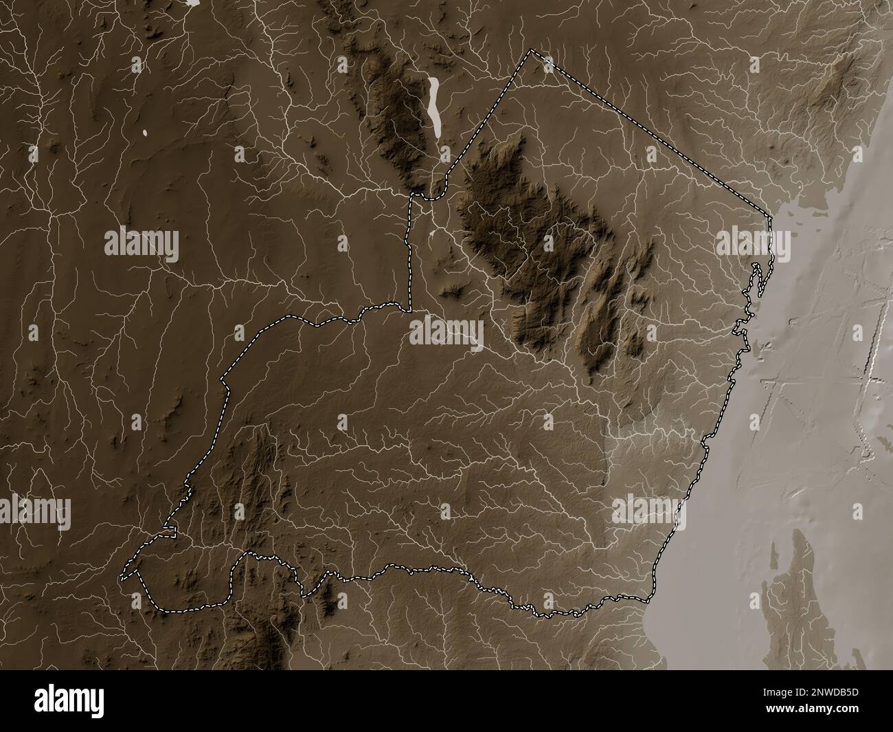 Tanga, region of Tanzania. Elevation map colored in sepia tones with ...
