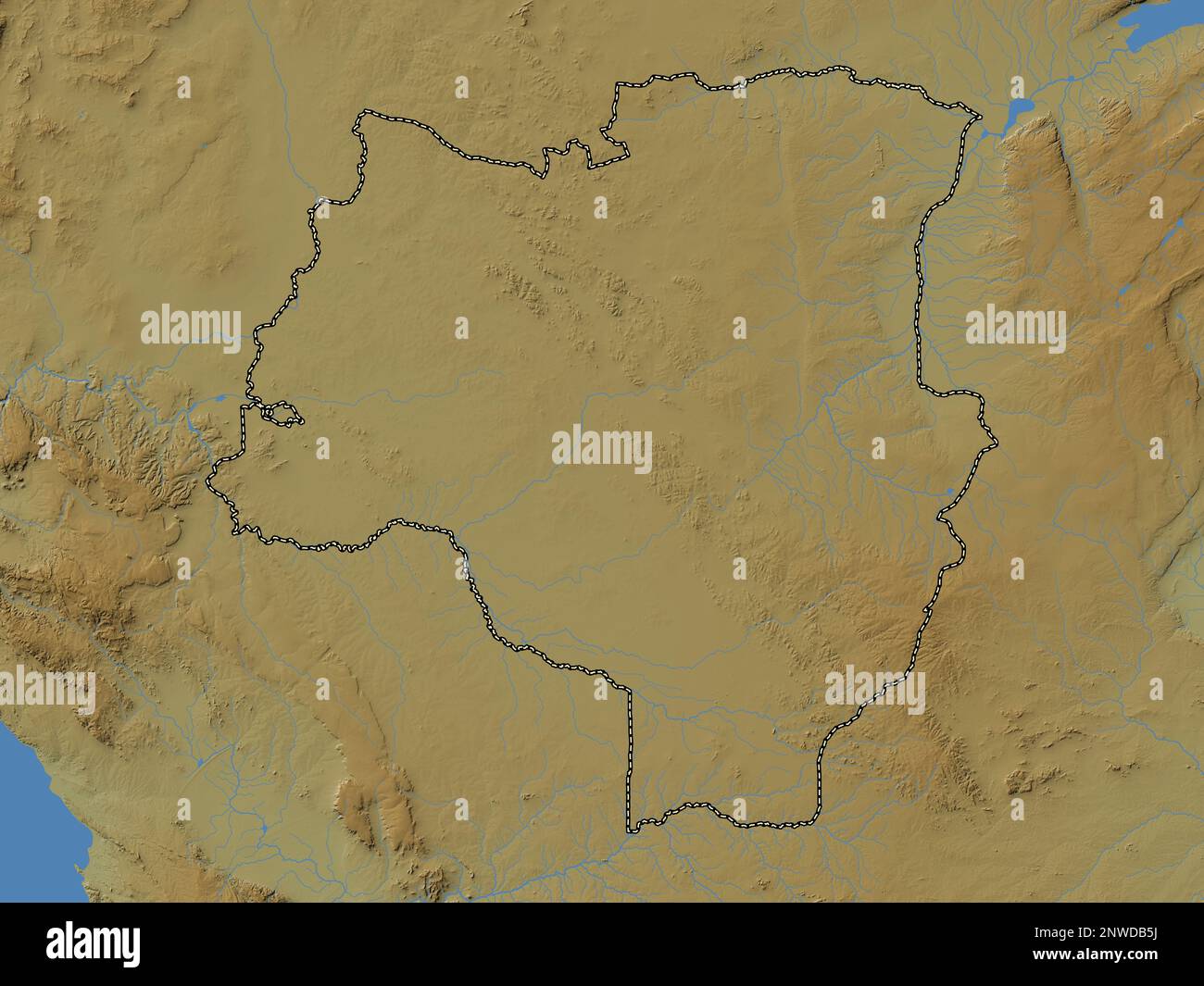 Tabora, region of Tanzania. Colored elevation map with lakes and rivers ...