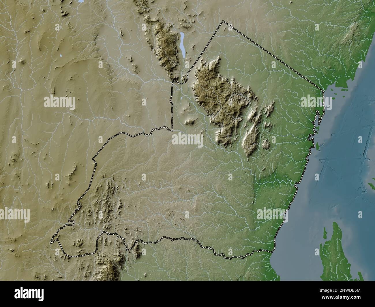 Tanga, region of Tanzania. Elevation map colored in wiki style with ...