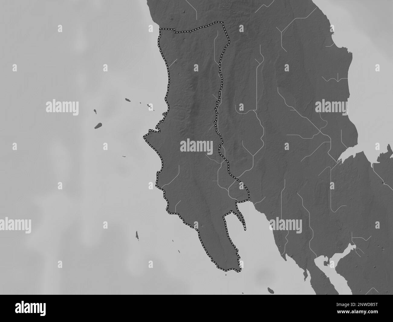 Zanzibar West, region of Tanzania. Grayscale elevation map with lakes ...
