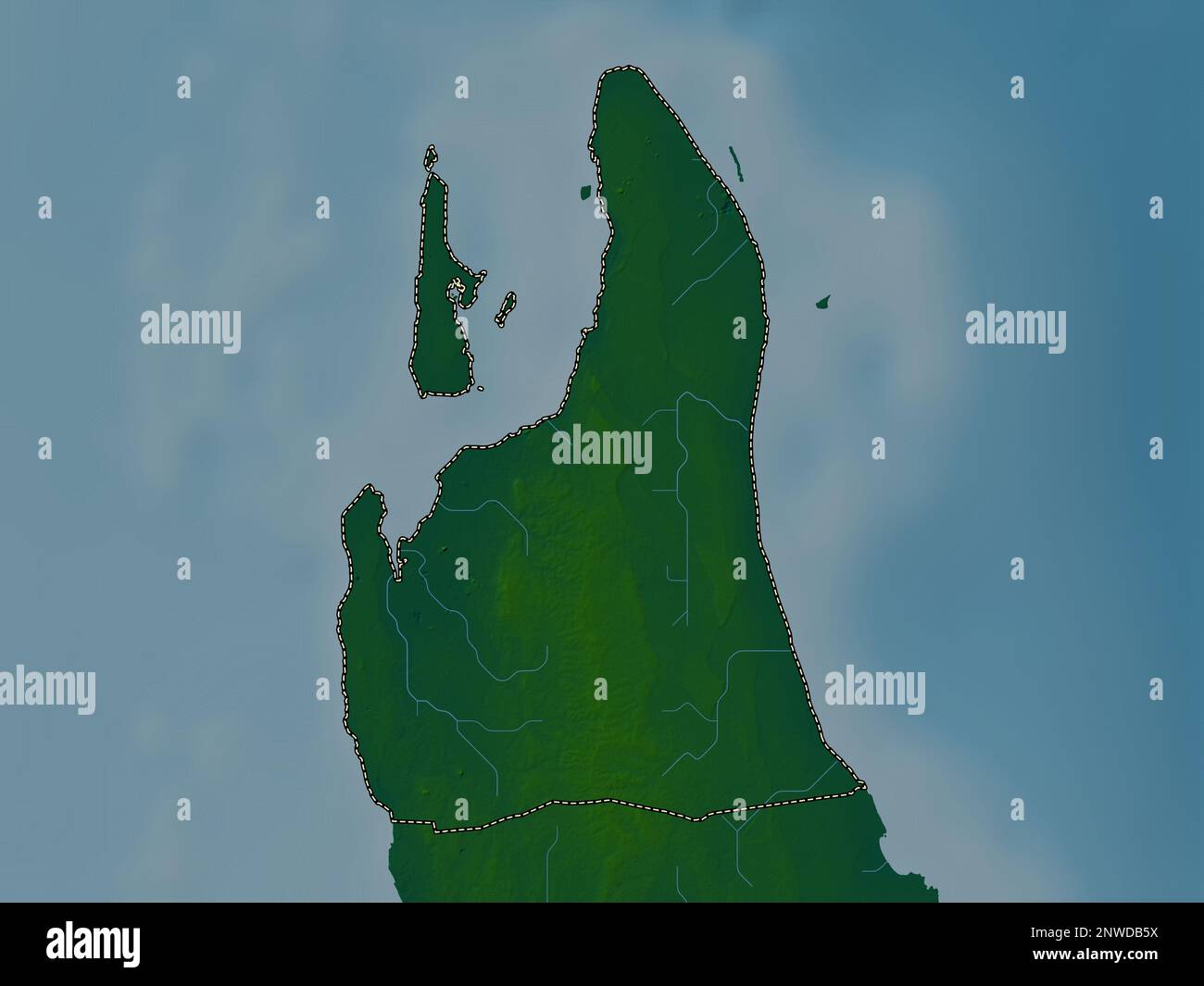 Zanzibar North, region of Tanzania. Colored elevation map with lakes ...