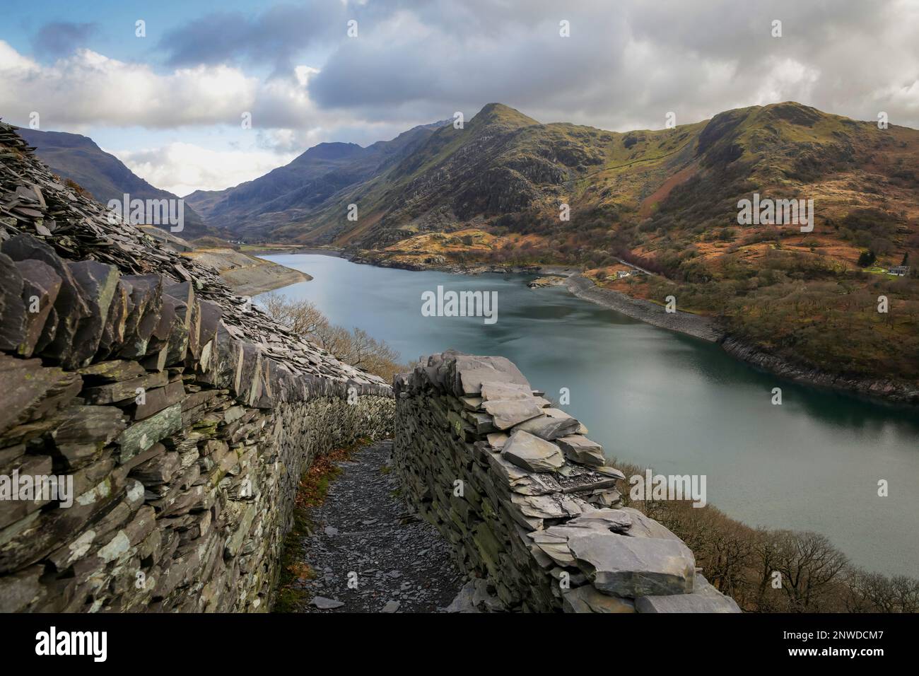 The view of Llyn Peris lake from high up in the slate quarries near ...