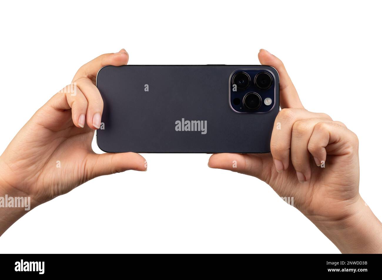 Recording with smartphone back view isolated on white studio background ...