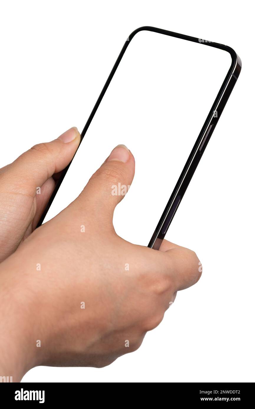 Using smartphone in vertical mode isolated on white studio background ...