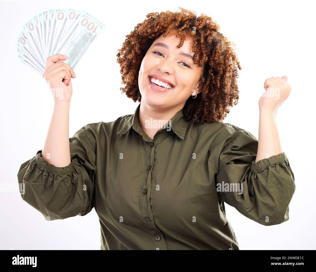 Happy, money and winner with portrait of black woman for investment ...