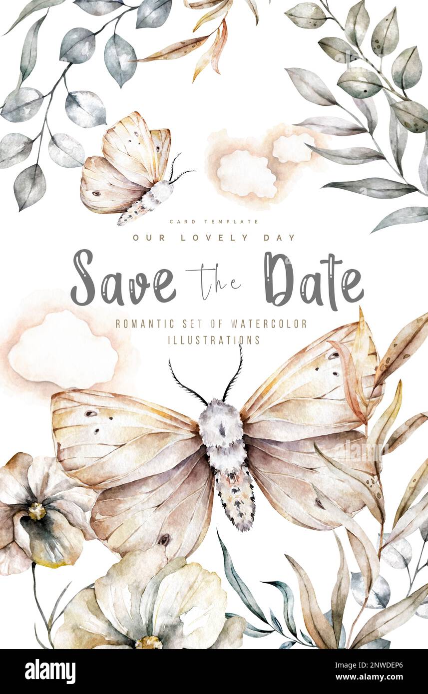 Watercolor butterflies and flowers spring greeting card. Rectangular ...