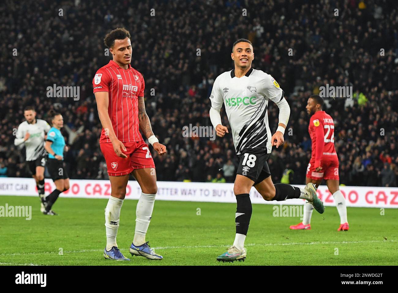 Lewis Dobbin #18 of Derby County celebrates his goal during the Sky Bet ...