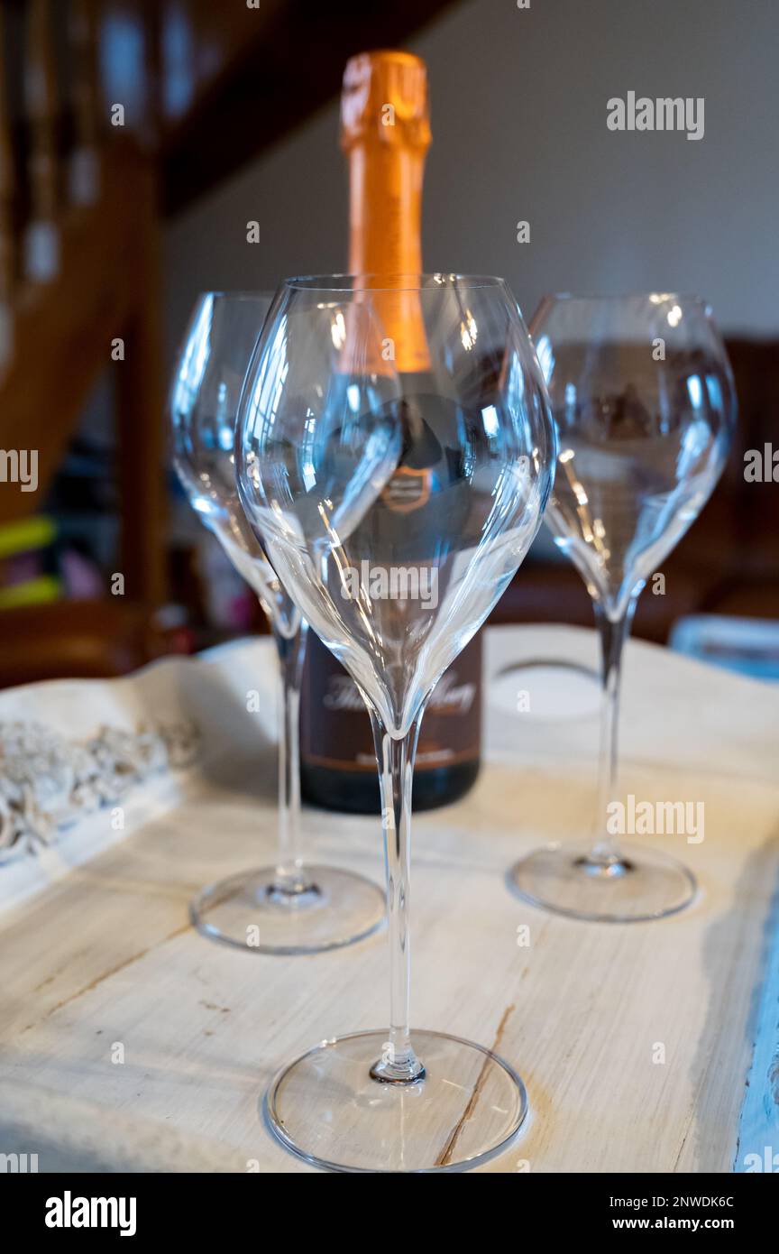 Tasting glass with cold brut Champagne sparkling wine in cellars of ...