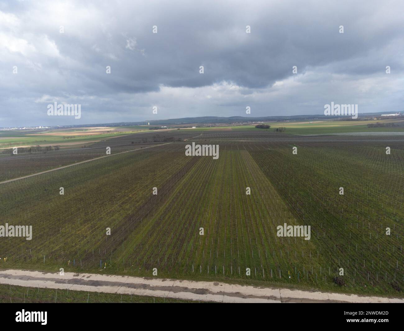 Aerial panoramic winter view on agricultural valley landscape ...
