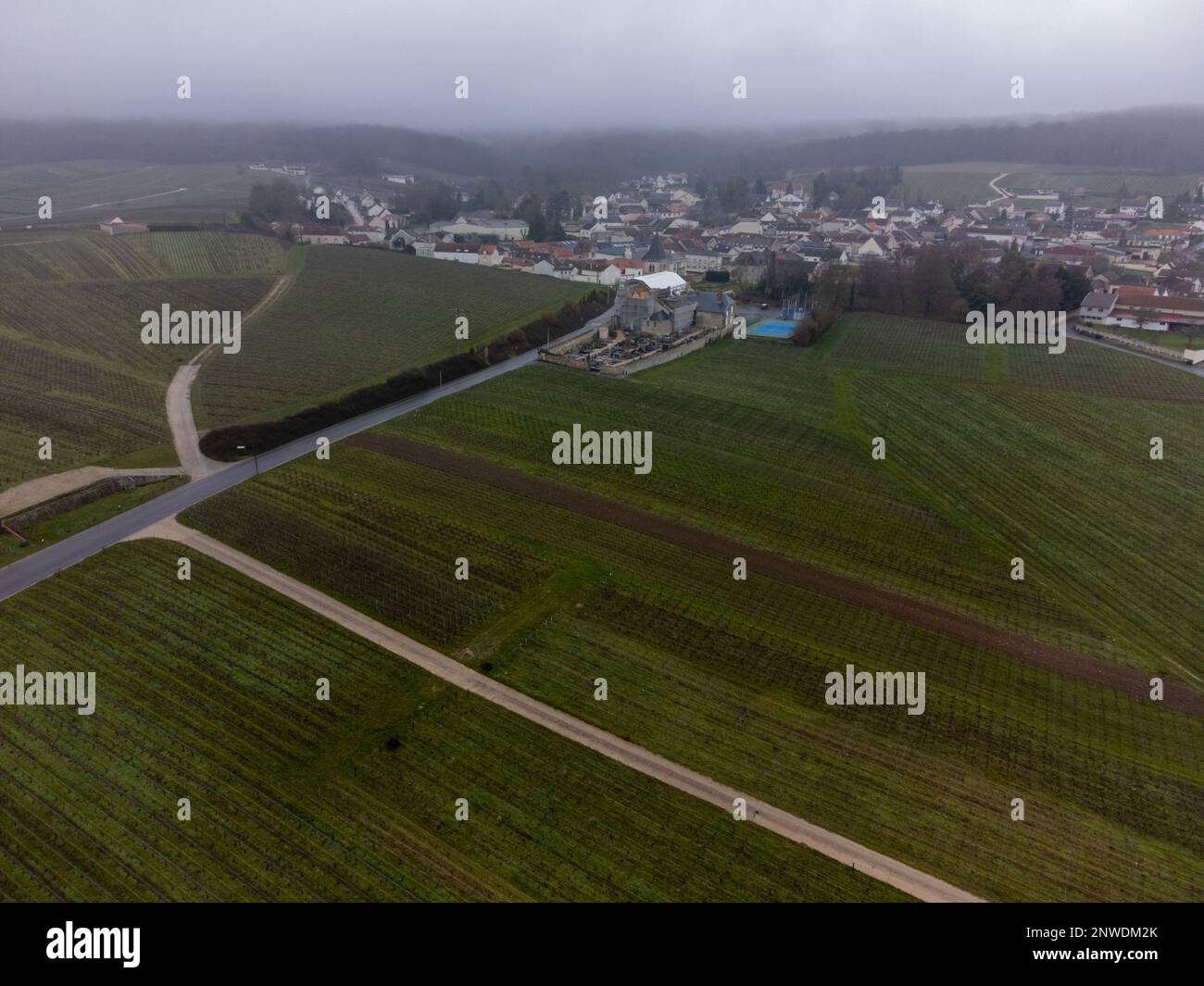 Aerial panoramic winter view on cloudy landscape, valley vineyards near ...
