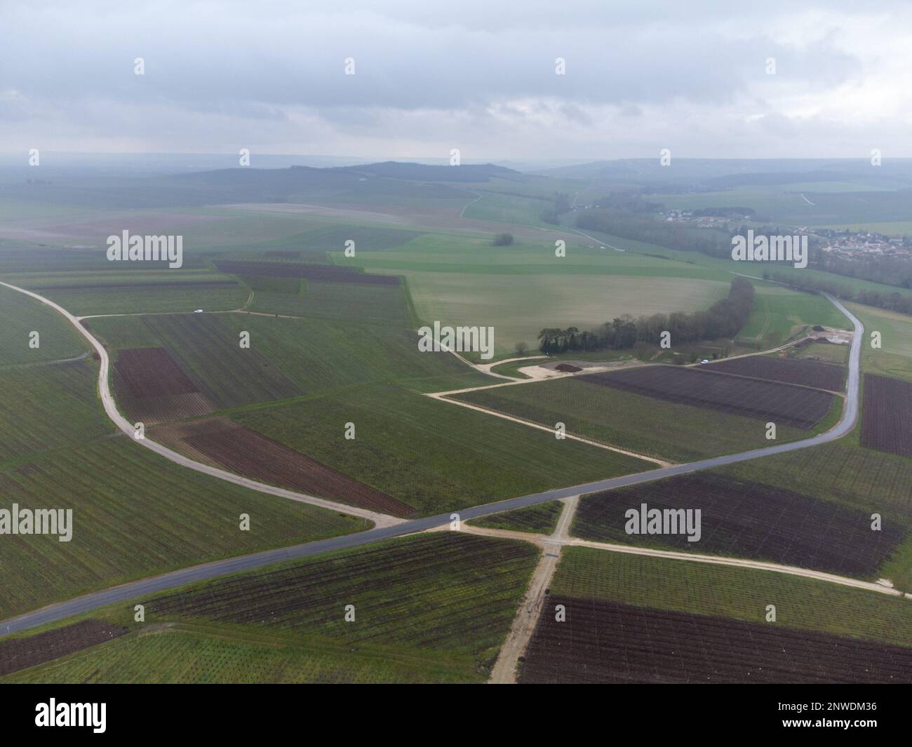 Winter cloudy aerial view on Val de Livre en gran cru vineyards of ...