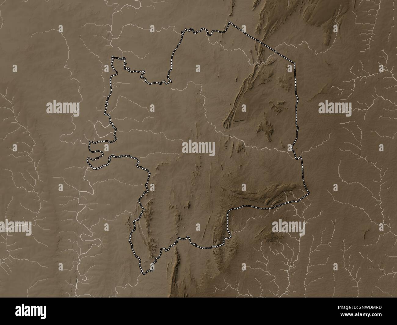 Kara, region of Togo. Elevation map colored in sepia tones with lakes ...