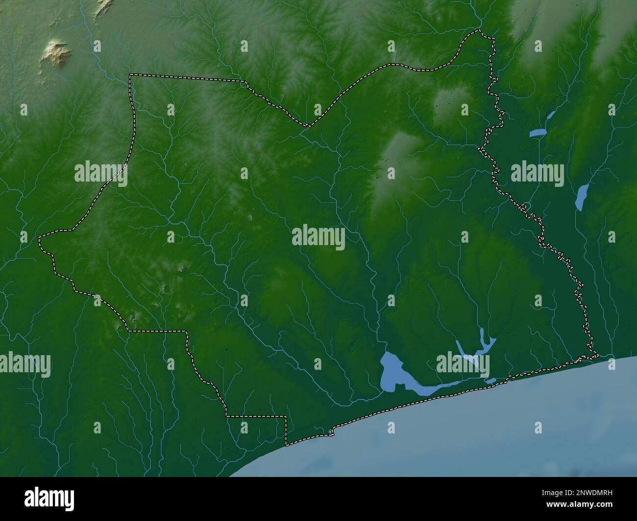 Maritime, region of Togo. Colored elevation map with lakes and rivers ...