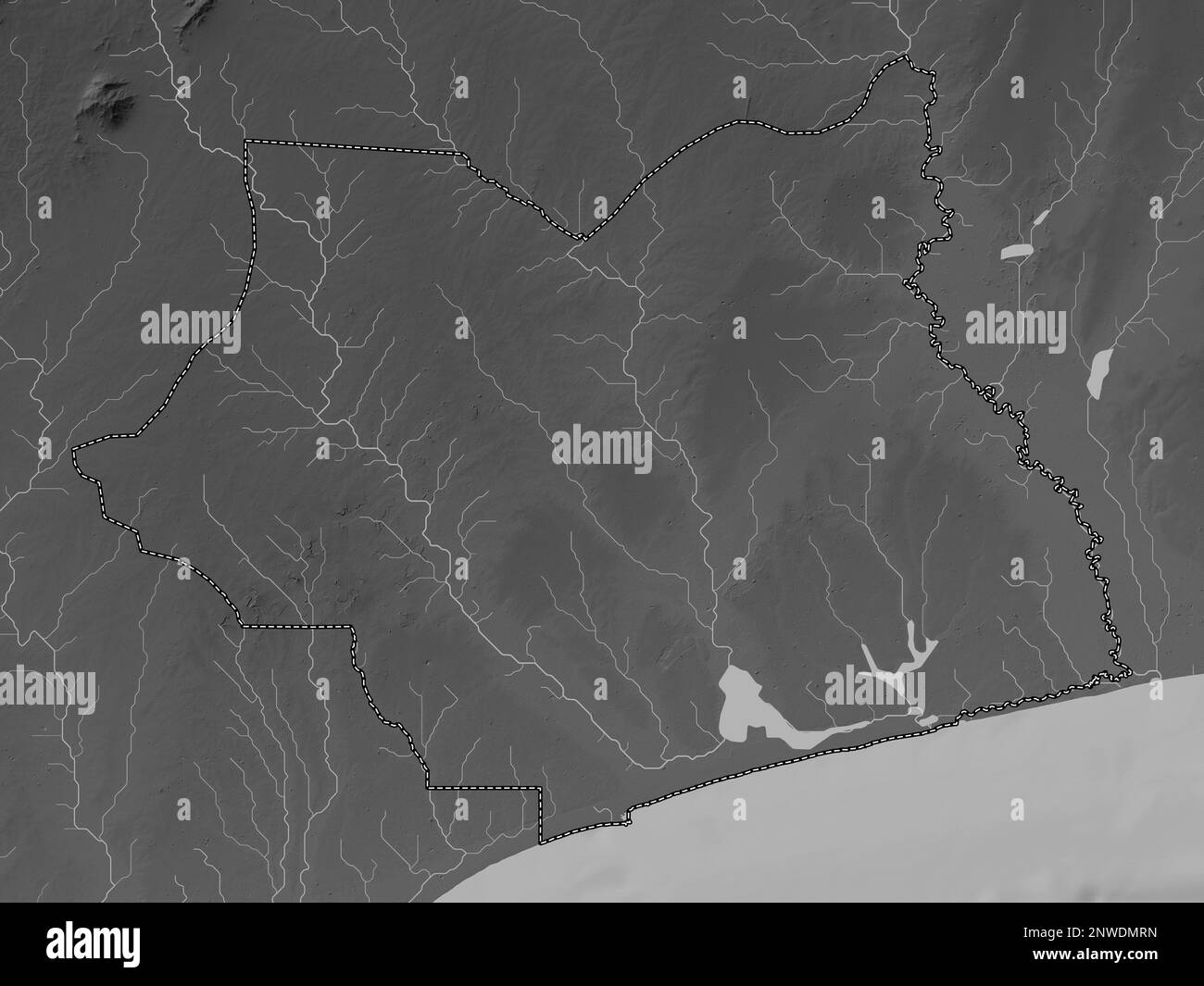 Maritime, region of Togo. Grayscale elevation map with lakes and rivers ...