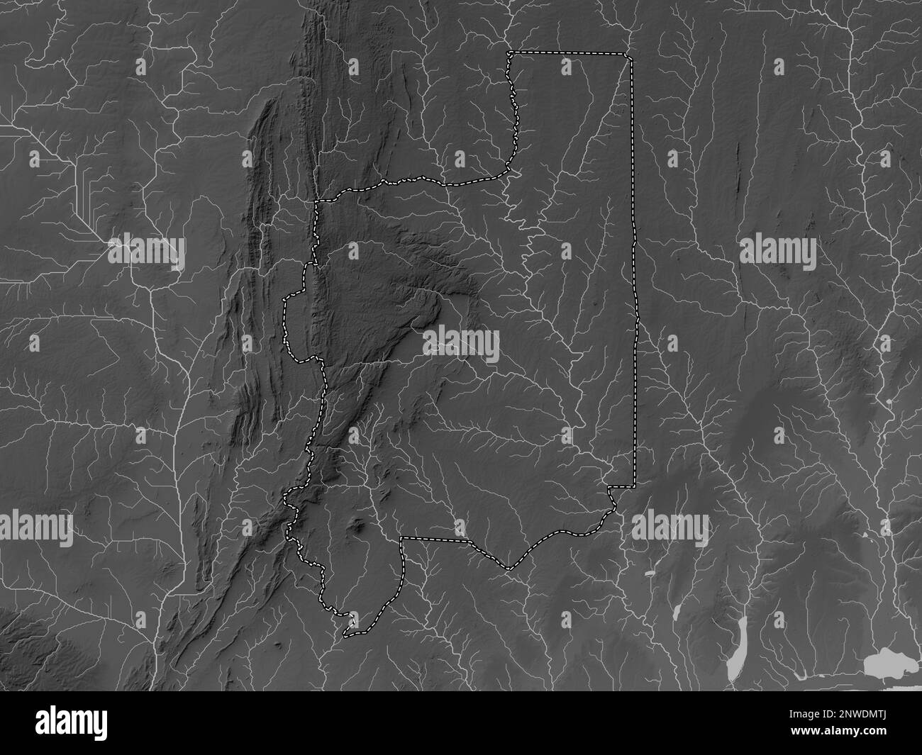 Plateaux, region of Togo. Grayscale elevation map with lakes and rivers ...