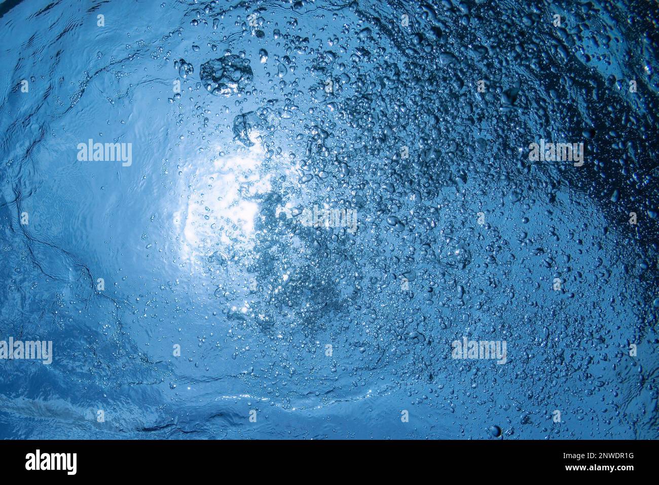 Close photo of many beautiful underwater air bubbles rise up through ...