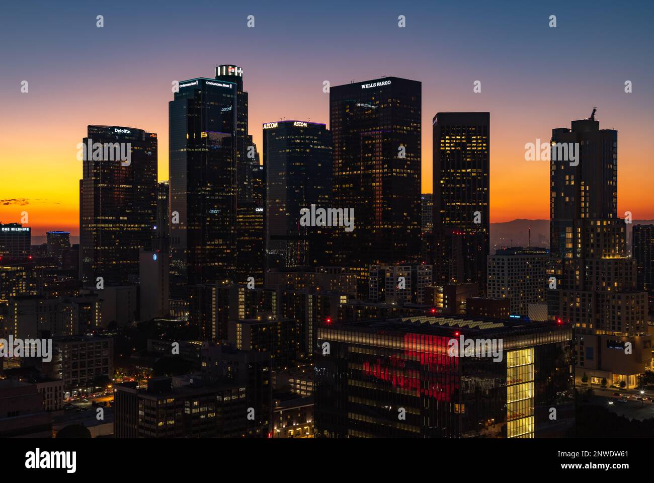 A picture of the skyscrapers of Downtown Los Angeles at sunset, early ...
