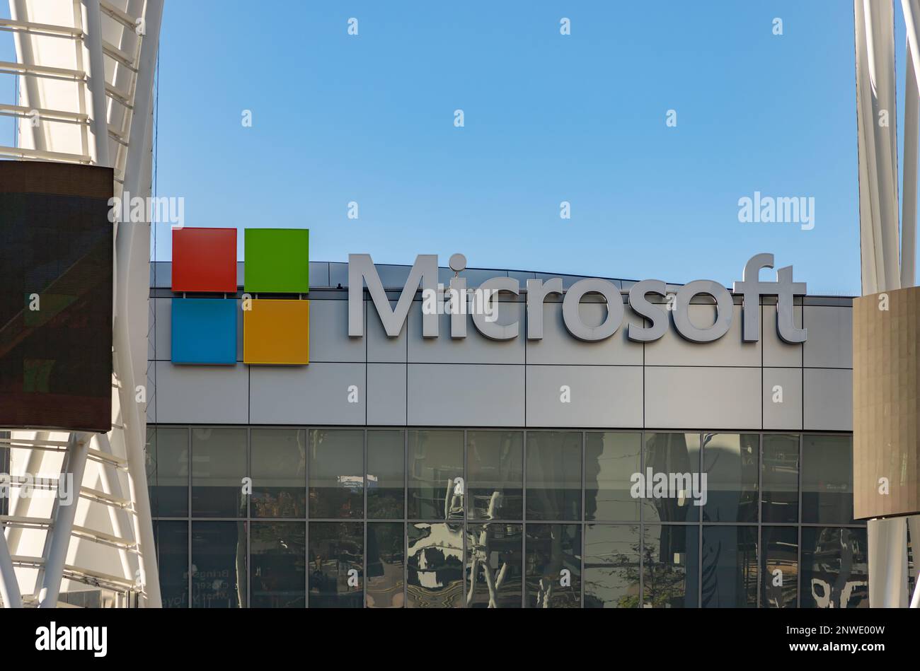 A picture of the Microsoft sign on the facade of the Microsoft Theater ...