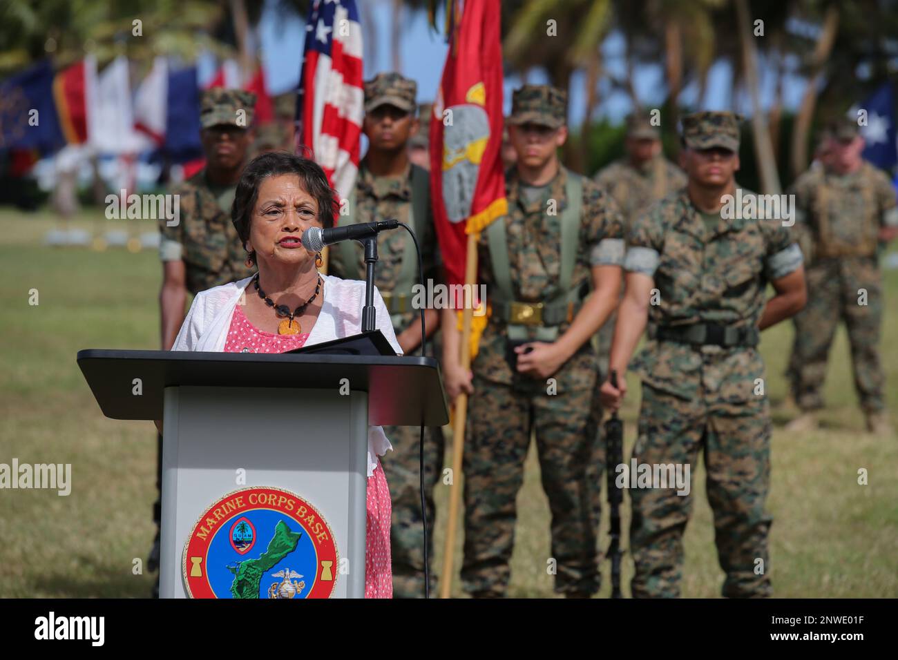 Governor of Guam Lou Leon Guerrero speaks during the Marine Corps Base ...
