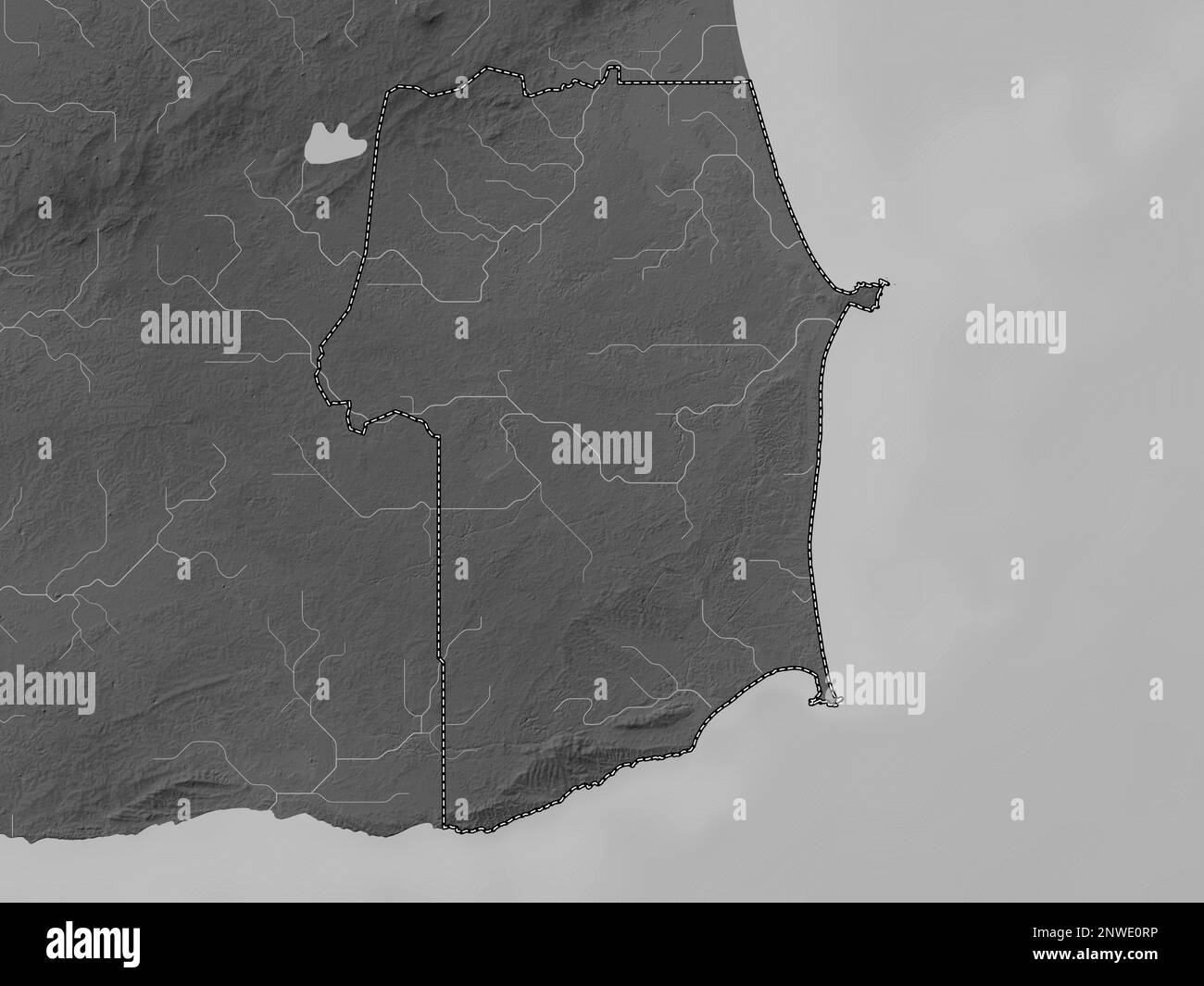 Rio Claro Mayaro, region of Trinidad and Tobago. Grayscale elevation ...