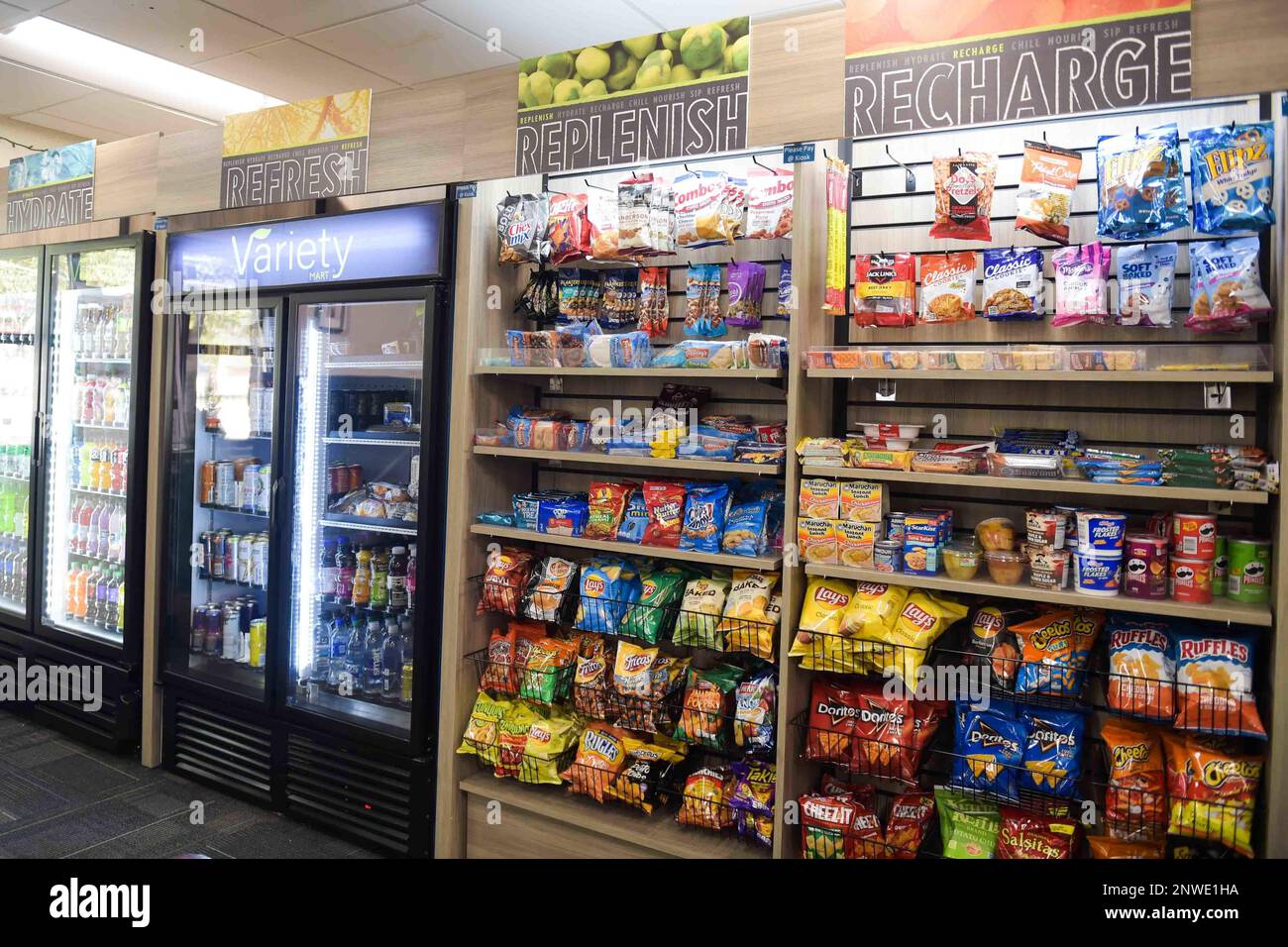 Assorted food items rest on shelves at the Mini-Mart at Moody Air Force ...