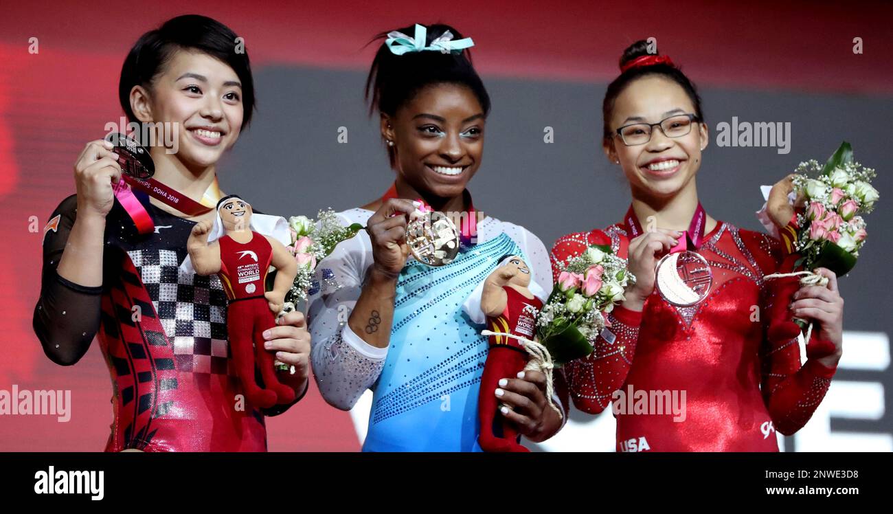 (L-R) Japan's Mai Murakami, silver, U.S. Simone Biles, gold and Morgan ...