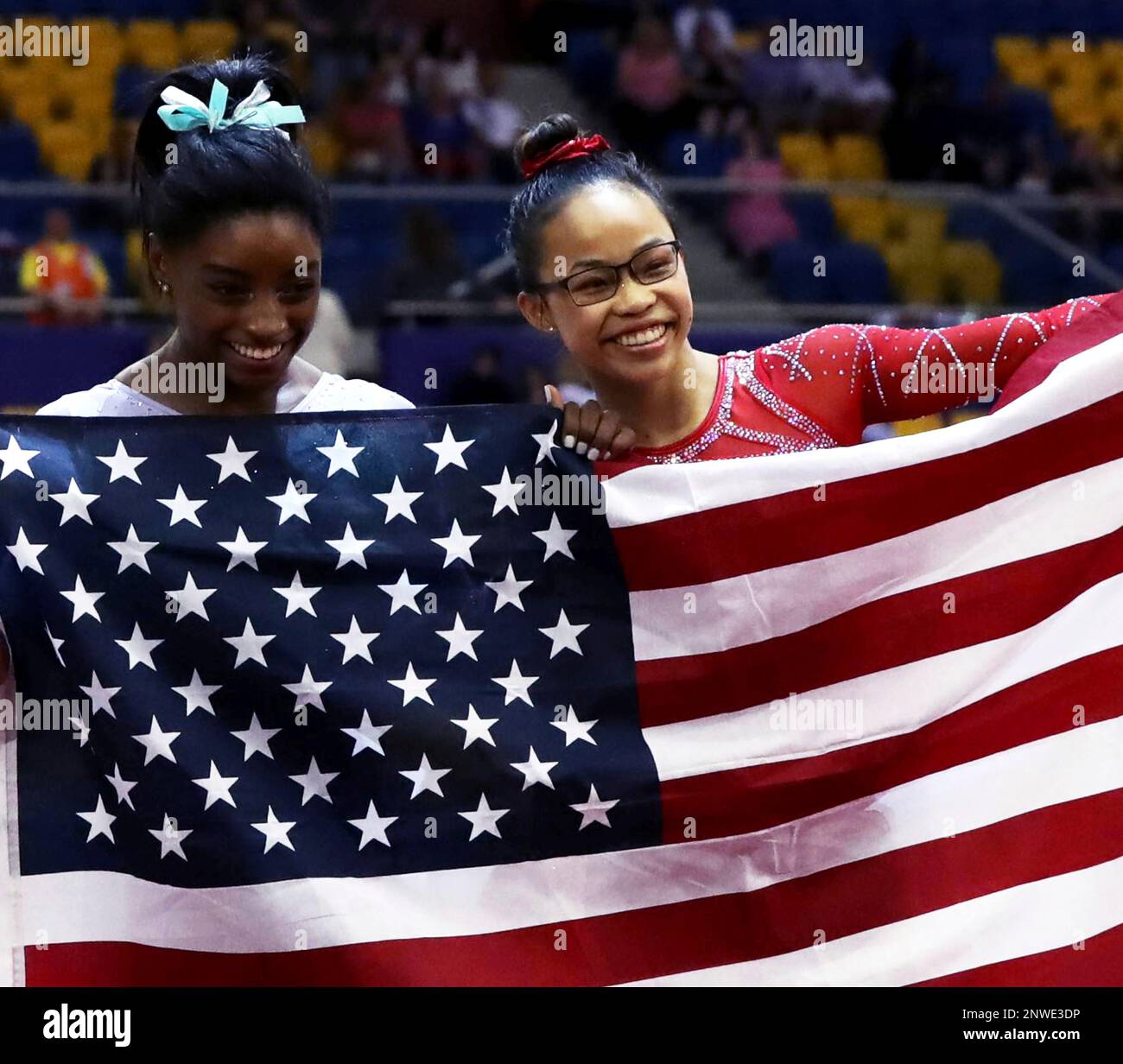 U.S. Simone Biles (L), gold and Morgan Hurd, bronze celebrate after the ...