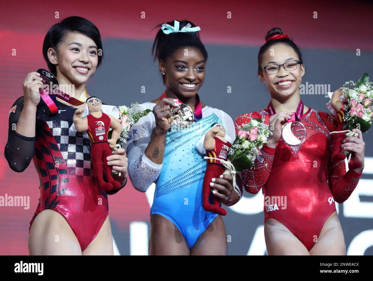 (L-R) Japan's Mai Murakami, silver, U.S. Simone Biles, gold and Morgan ...