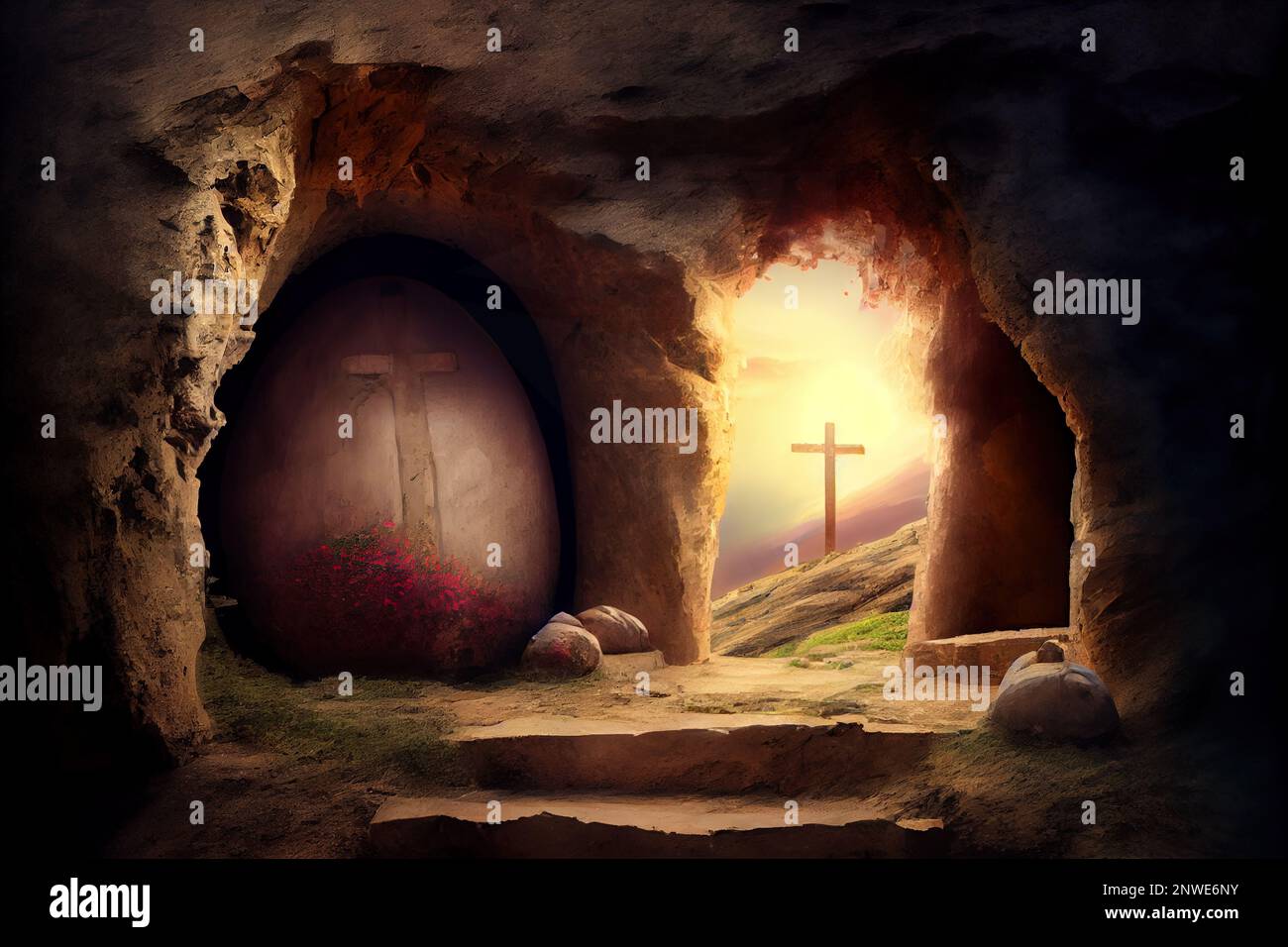 Christian Easter concept. Jesus Christ resurrection. Empty tomb of ...