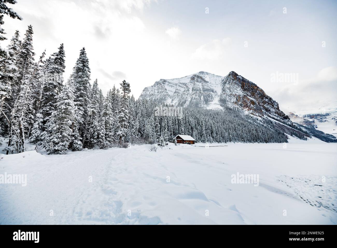 Iconic Lake Louise in Banff National Park during winter time with fully ...
