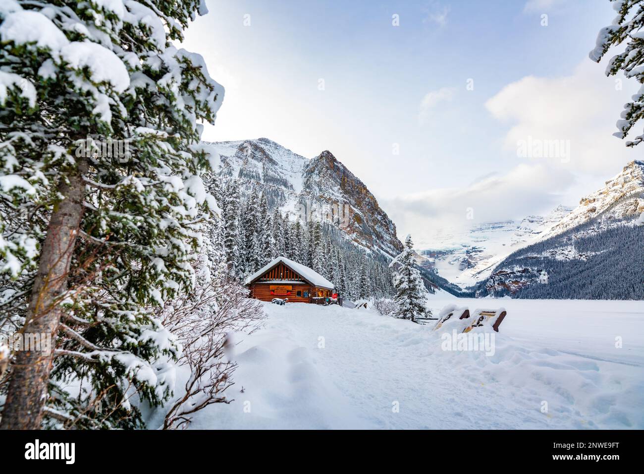 Iconic canoe shack at Lake Louise during winter time with beautiful ...