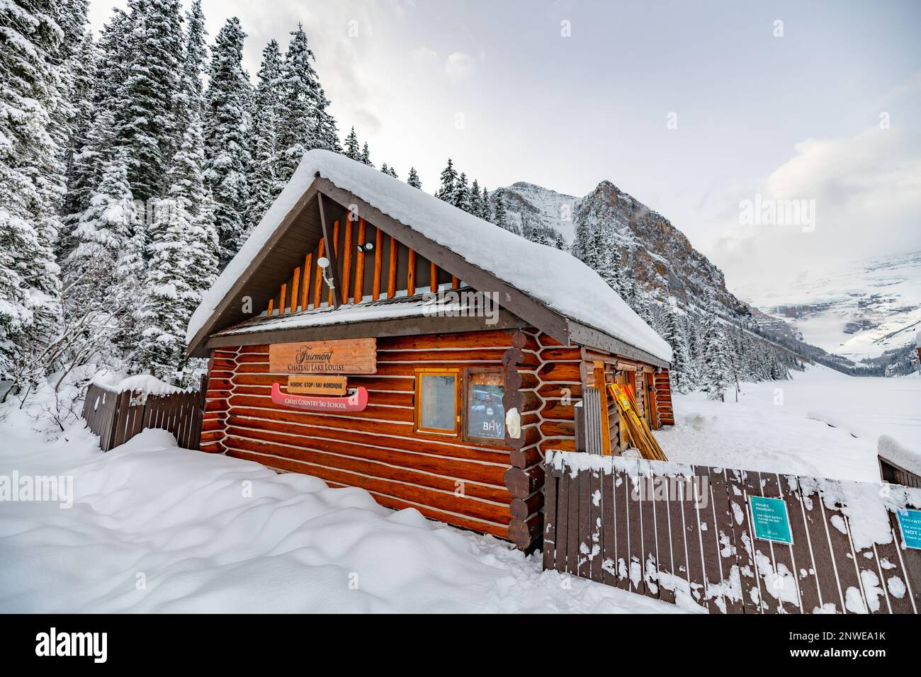 Iconic canoe shack at Lake Louise during winter time with beautiful ...