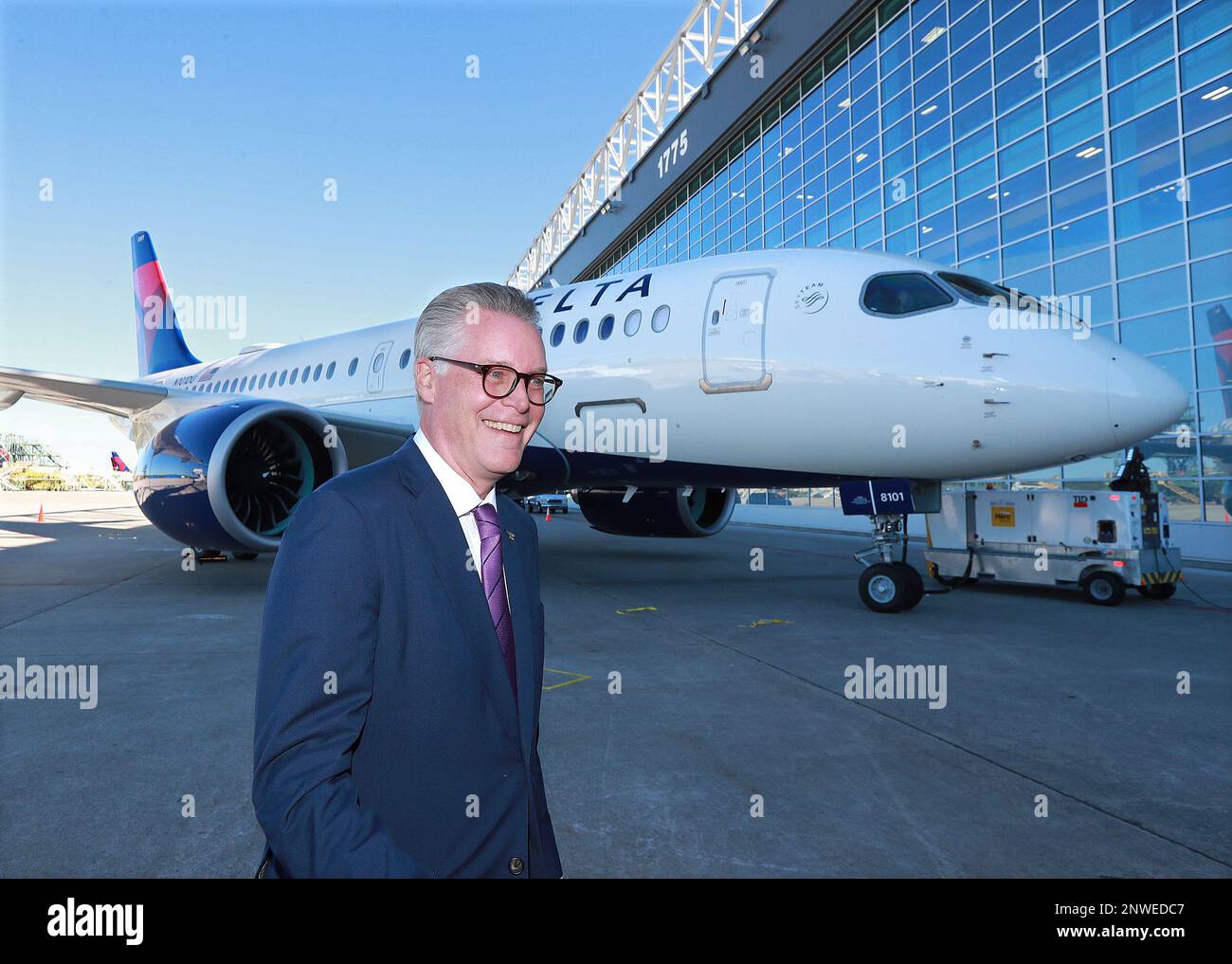Delta CEO Ed Bastian arrives to unveil the new A220 aircraft while ...