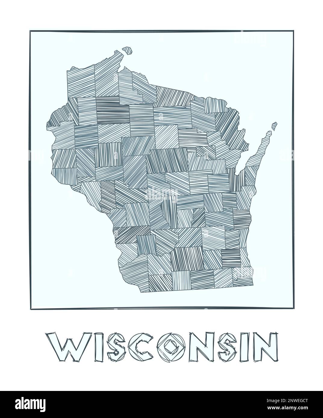 Sketch map of Wisconsin. Grayscale hand-drawn map of the US state ...