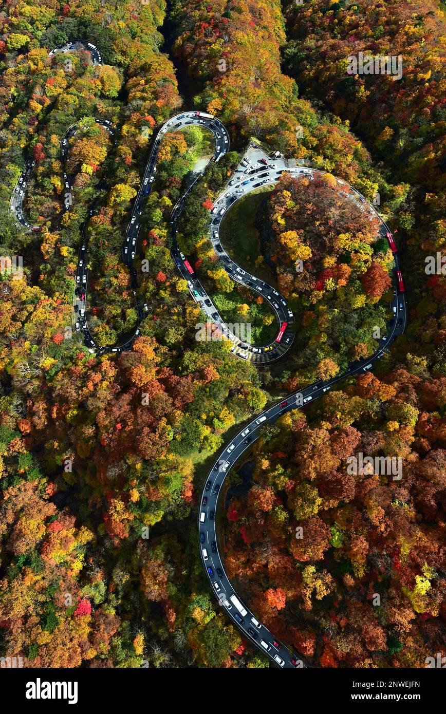 An aerial photo shows the Irohazaka winding slope being awash in autumn ...