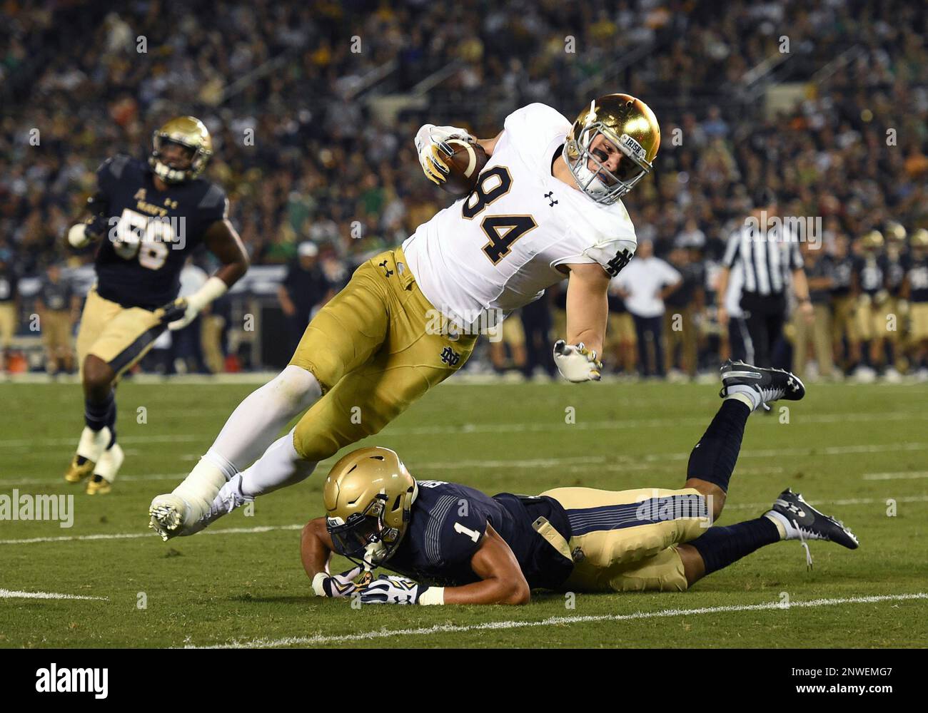 SAN DIEGO, CA - OCTOBER 27: Notre Dame (84) Cole Kmet (TE) is upended ...