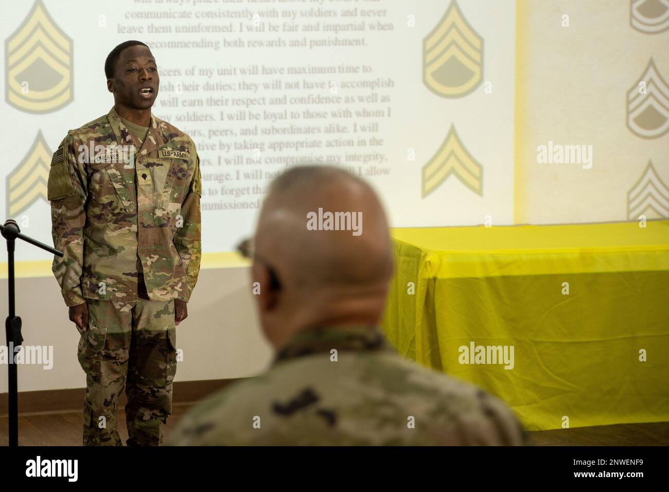 U.S. Army Spc. Malcolm Cheaves recites the Noncommissioned Officer’s ...