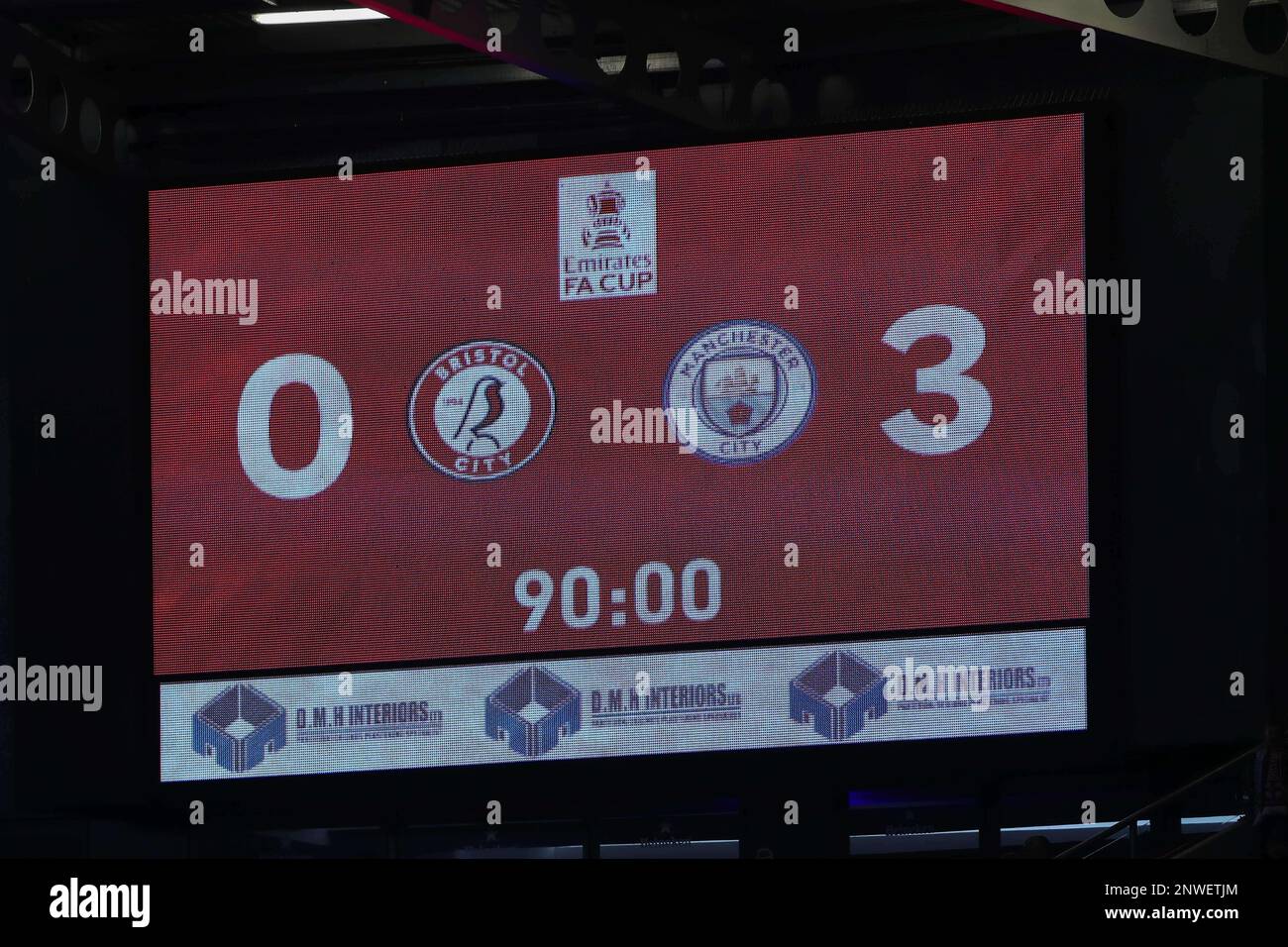 The big screen displays the 0-3 scoreline during the Emirates FA Cup ...