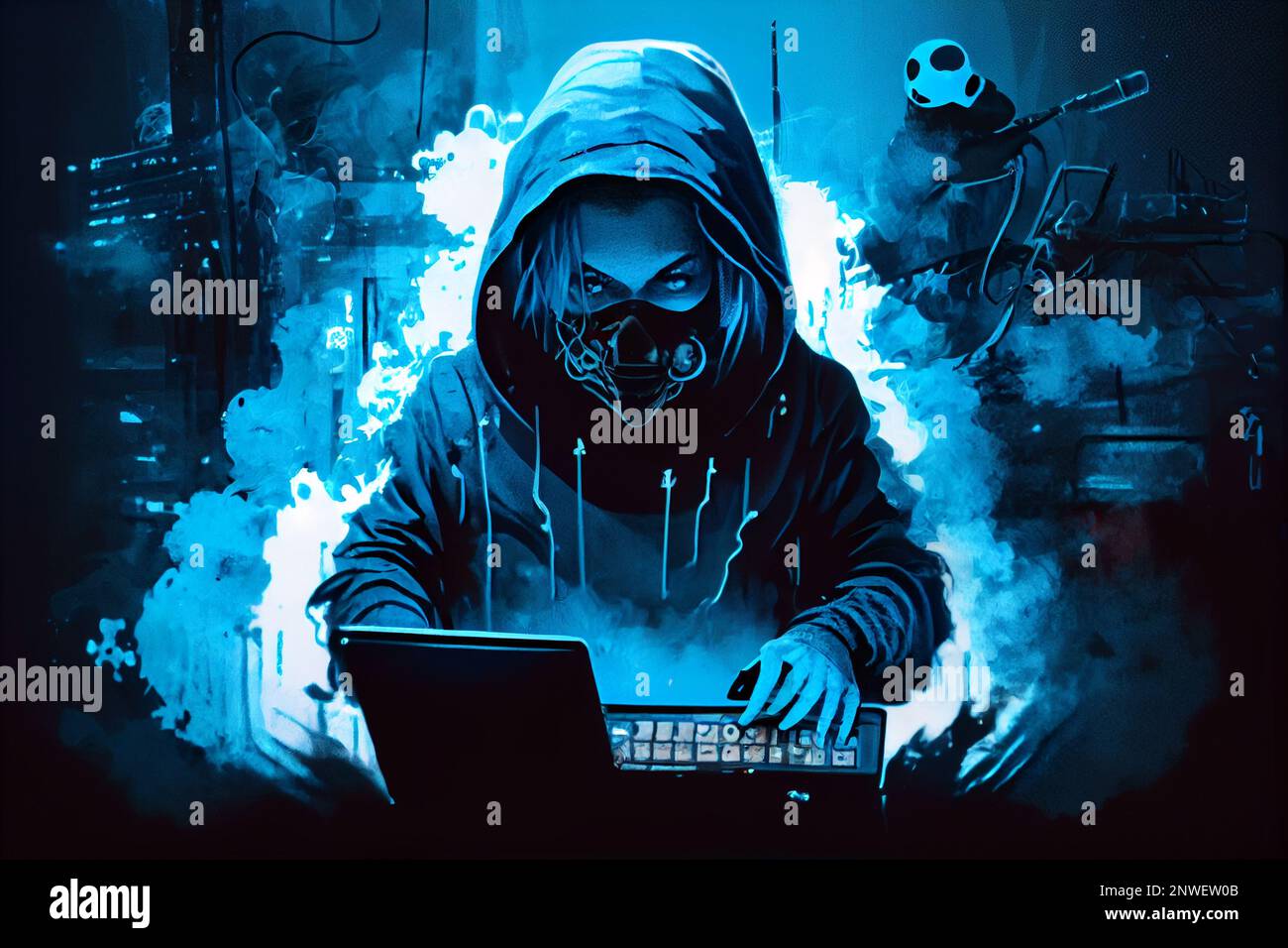 Conception of a hacker with blue smoke and mask illustration Stock ...