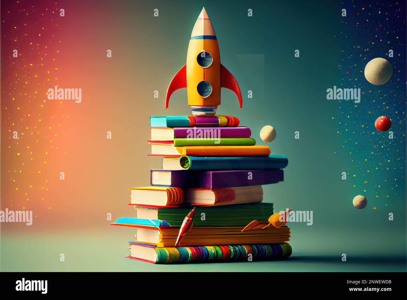 Stack of books with open one and magic light, learning and back to ...