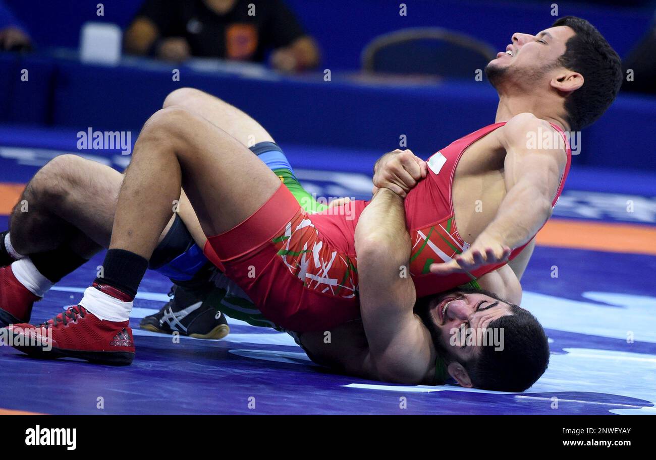 Aik Mnatsakanian of Bulgaria (in green) battles Tarek Aziz of Algeria ...