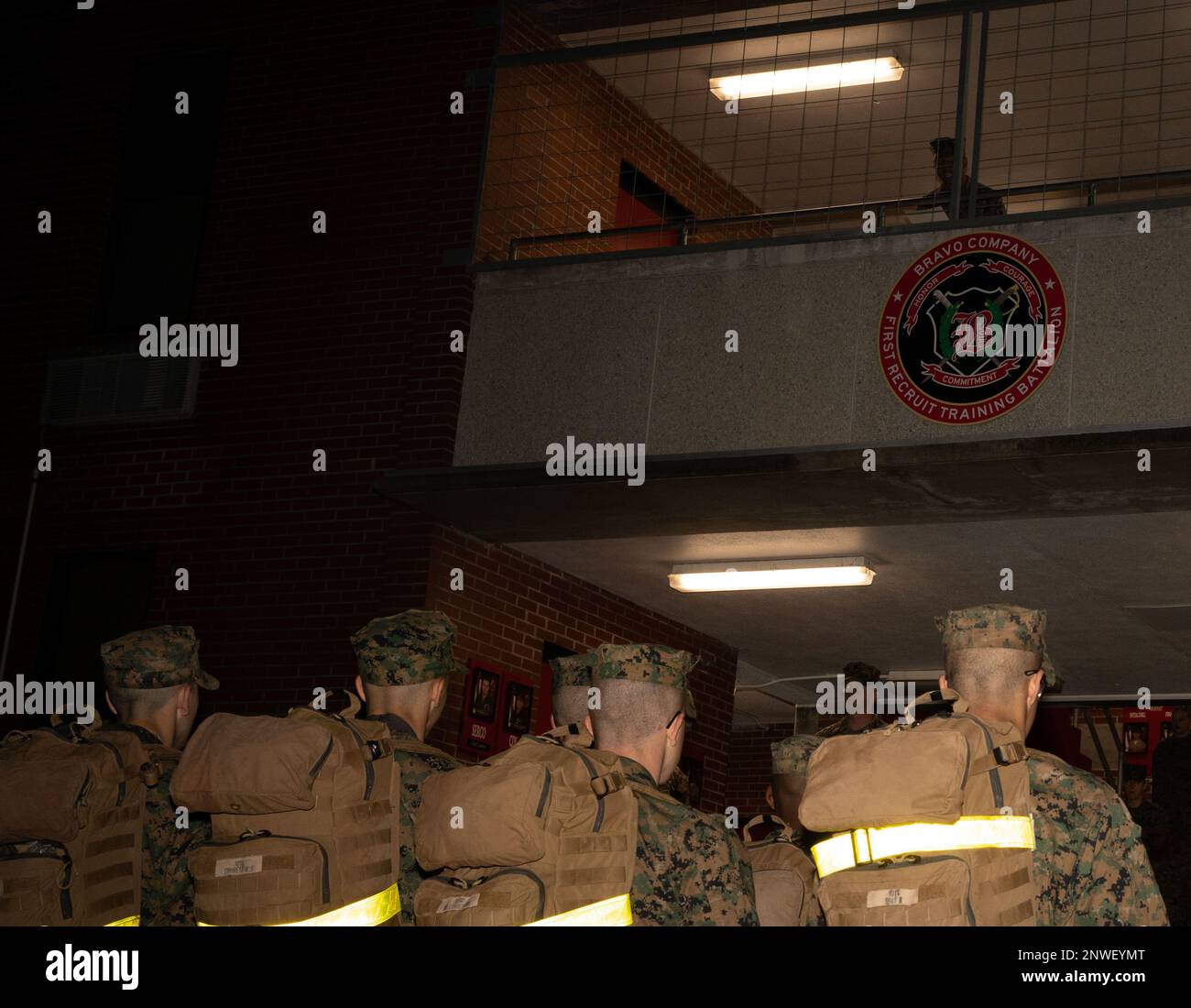 Recruits with Bravo Company, 1st Recruit Training Battalion, initiate ...