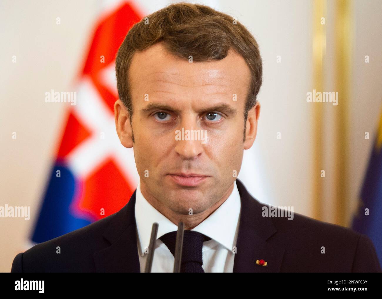French President Emmanuel Macron talks to the media after a meeting ...